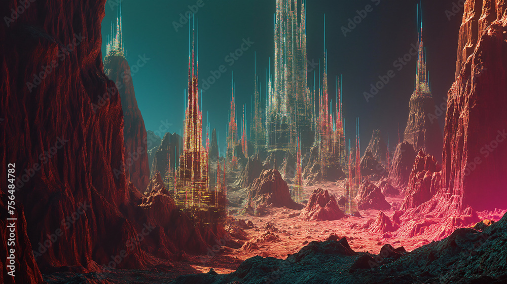 Colossal structures in the form of interconnected spires glow with ...