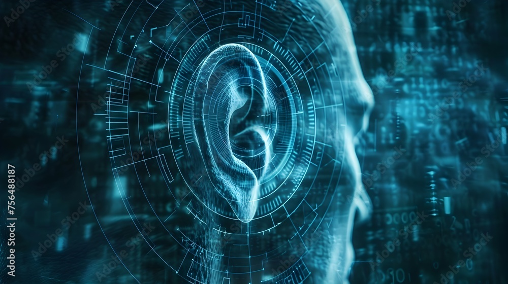Conceptual image of a human ear made of glowing blue data streams ...