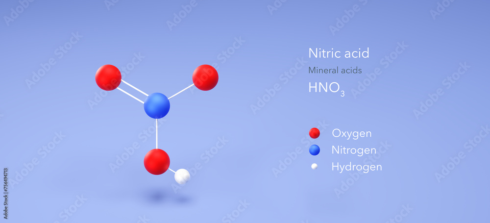 nitric acid molecule, molecular structures, oxidizing acids, 3d model ...