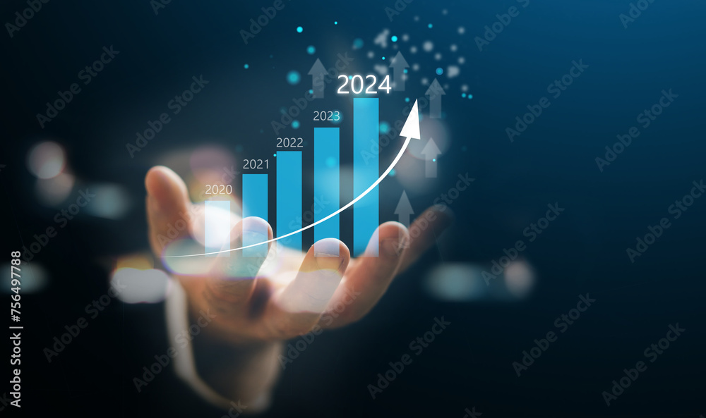 Human with 2024 new year target sale profit and arrow business ...