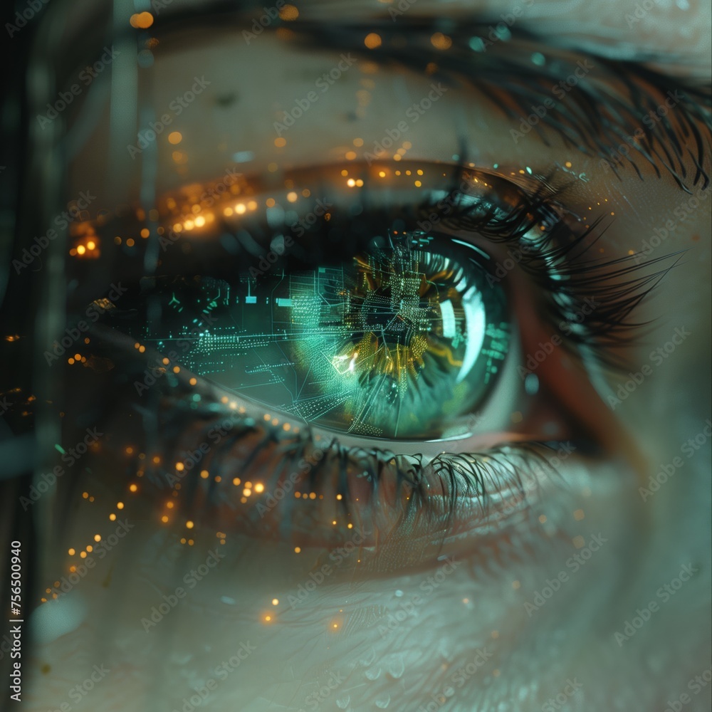 Cyber eye: future technology concept art; close-up digital art of an ...