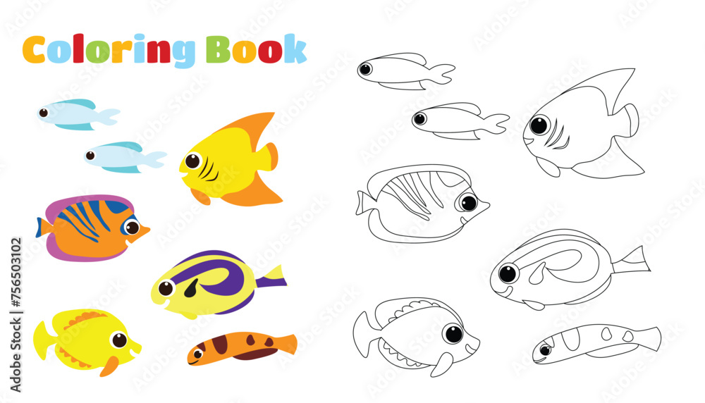 Coloring page. Tropical fish on a white background. Cartoon style ...