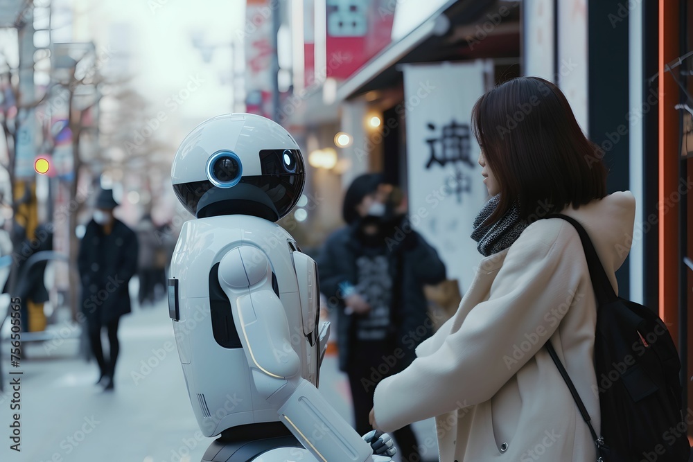 Modern AI Collaboration, human, service robot, working together, modern setting Stock ...