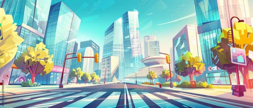 A modern cityscape depicted with a glass skyscraper and tower, a road ...