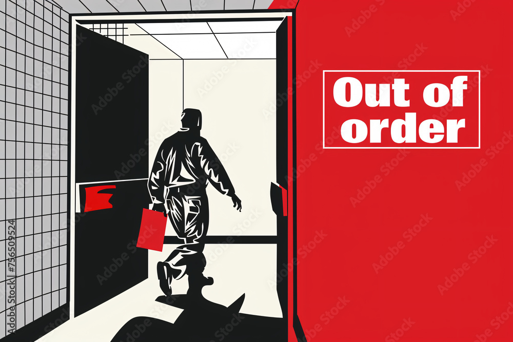 Man silhouette walking through a doorway with a bold Out of order sign ...