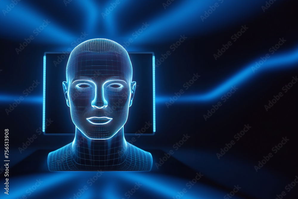 The mans silhouette hologram illuminated in electric blue in front of ...