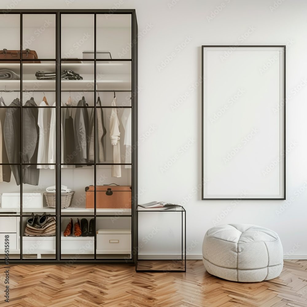Minimalist Walk-In Closet with Poster Mockup. Sleek wardrobe in ...