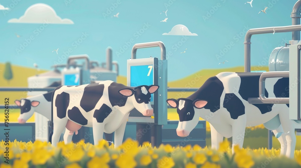 Dairy farm operations, animated cows being milked with high-tech ...