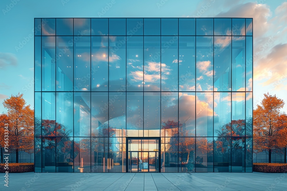 Modern glass building entrance framed by vibrant autumn trees ...