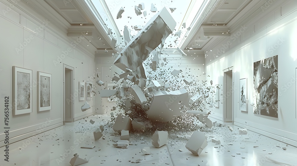 Hyperrealistic Giant Sculpture Falling Apart in an Empty Art Gallery A ...