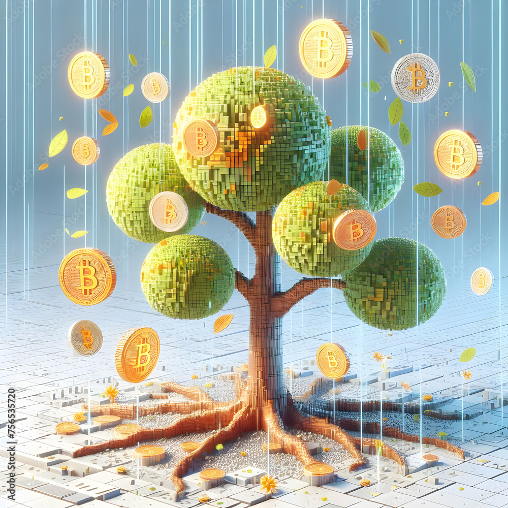 3d investment Crytocurrency concept Digital Dividends- A pixelated tree ...