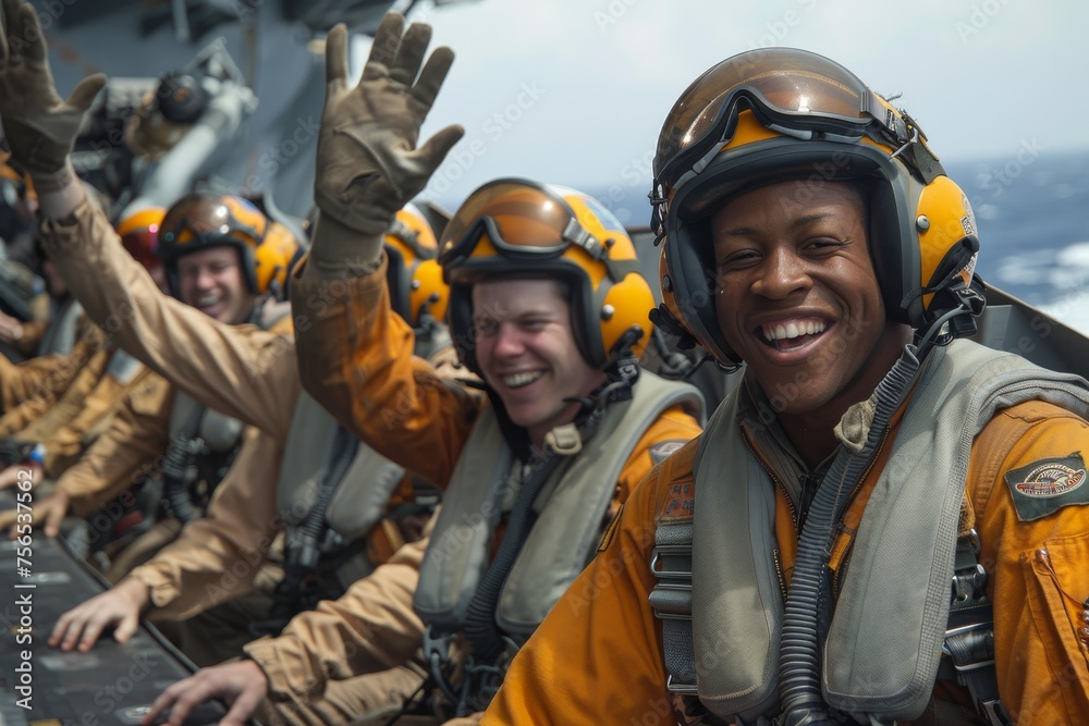 Flight deck crew celebrating with high spirits during a jet catapult ...