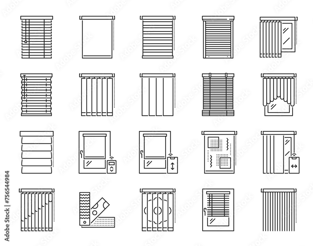 Window blind, curtain and jalousie icons. Apartment, house or office ...