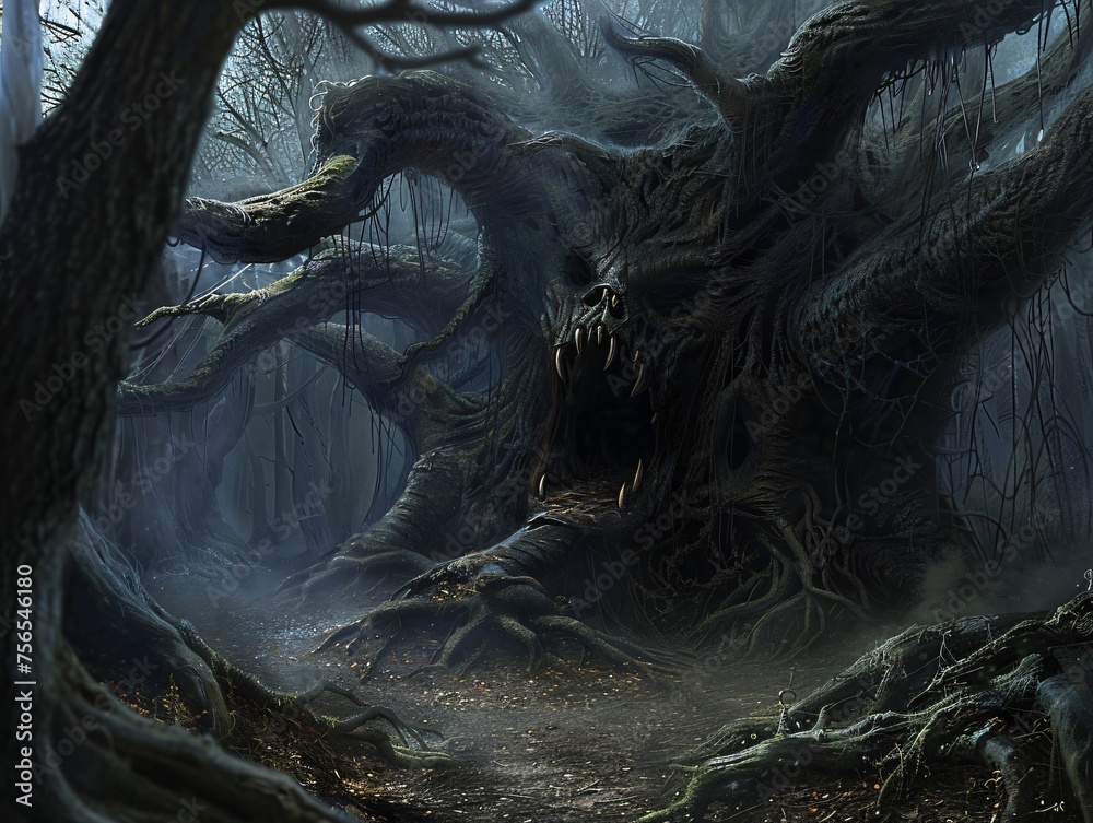 A dark forest where trees twist into grotesque shapes and accursed ...