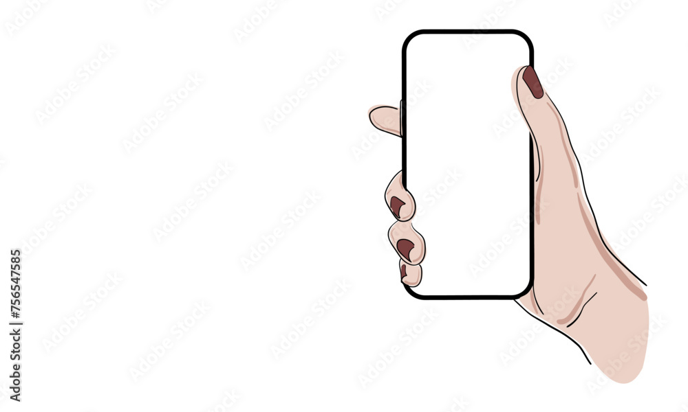 Hand holding a phone in line art style. Continuous line art set ...