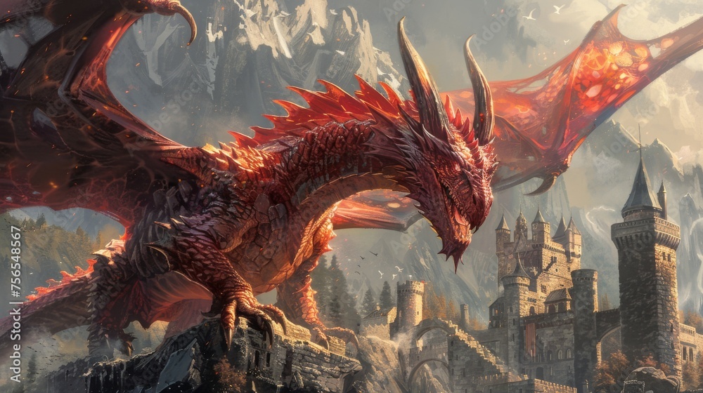 Crimson Dragon with an intimidating glare. The dragon is guarding an ...