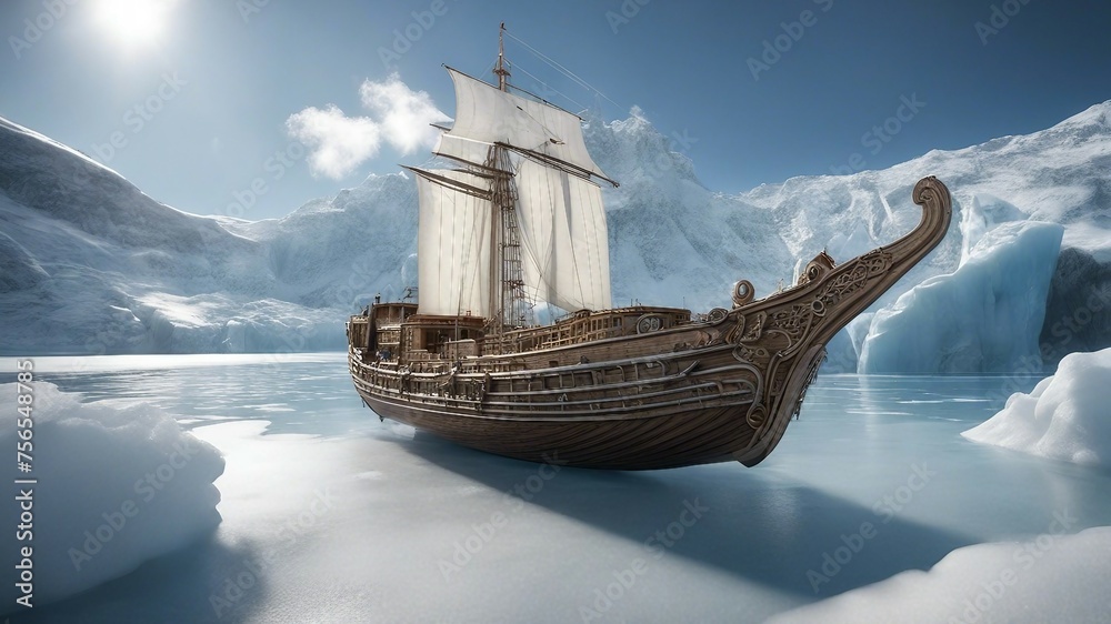 boat in the sea A fantasy boat in a fjord of ice, with snow, glaciers ...