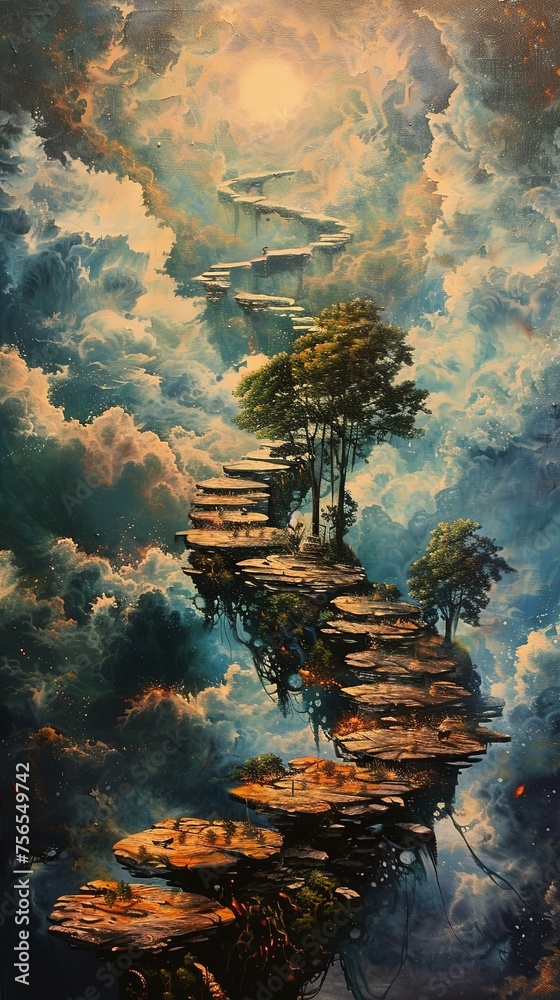 A fantasy scene of floating islands, each detailed with impasto ...