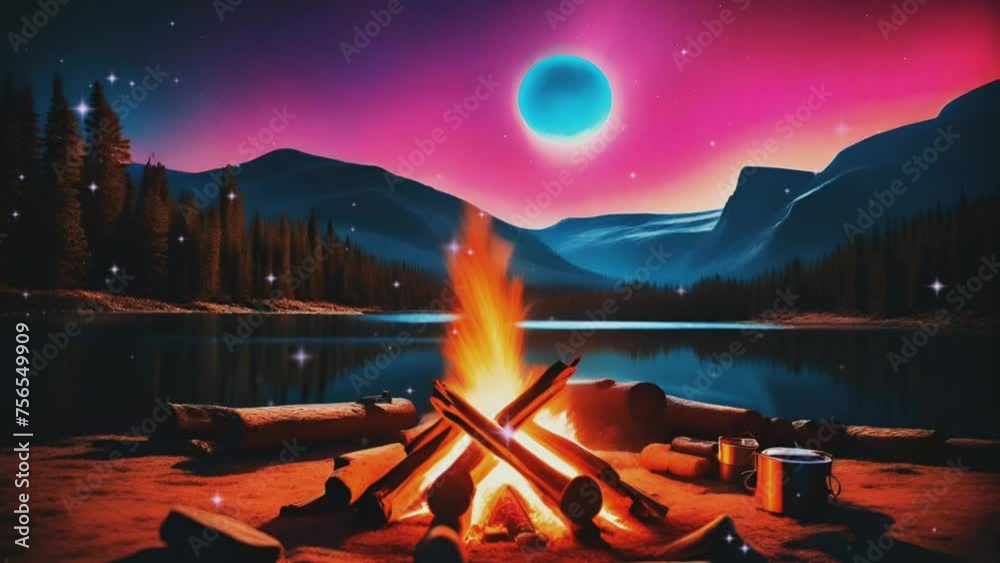 Crowded campfire at a campsite in the mountains, with the moon shining ...