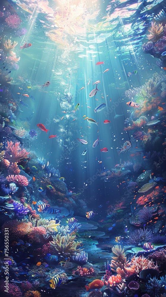An underwater scene where the ocean's depths are rendered in deep ...