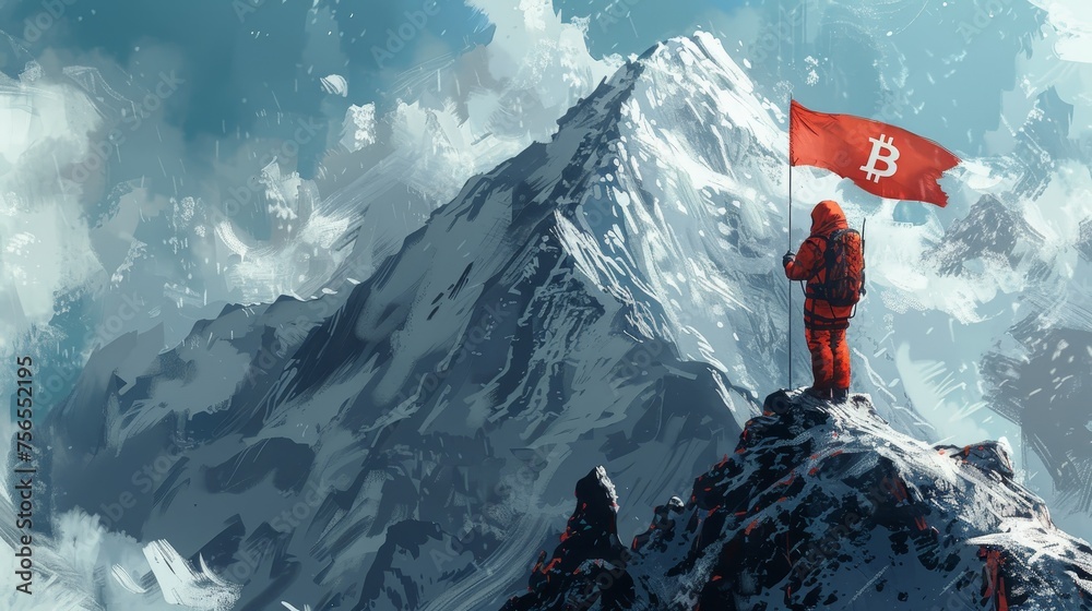 Artistic rendering of a lone mountaineer conquering a peak, with a ...