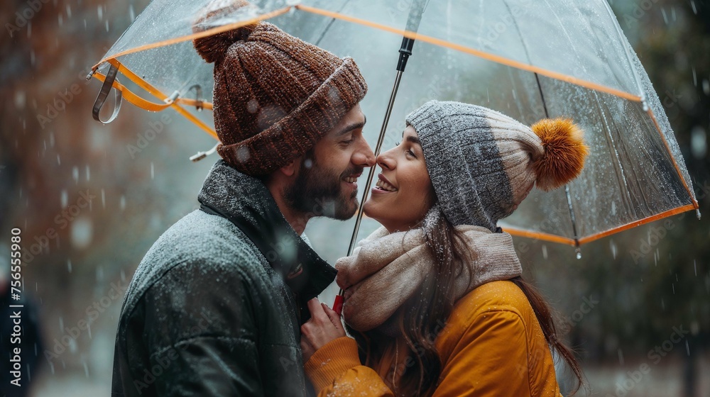 Joyful loving couple shares a moment under an umbrella amidst a gentle rainfall. Smiling couple ...