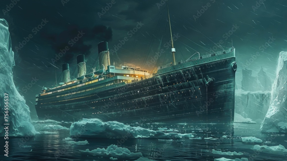 Huge ship sails among icebergs in the night. Big steam transatlantic ...