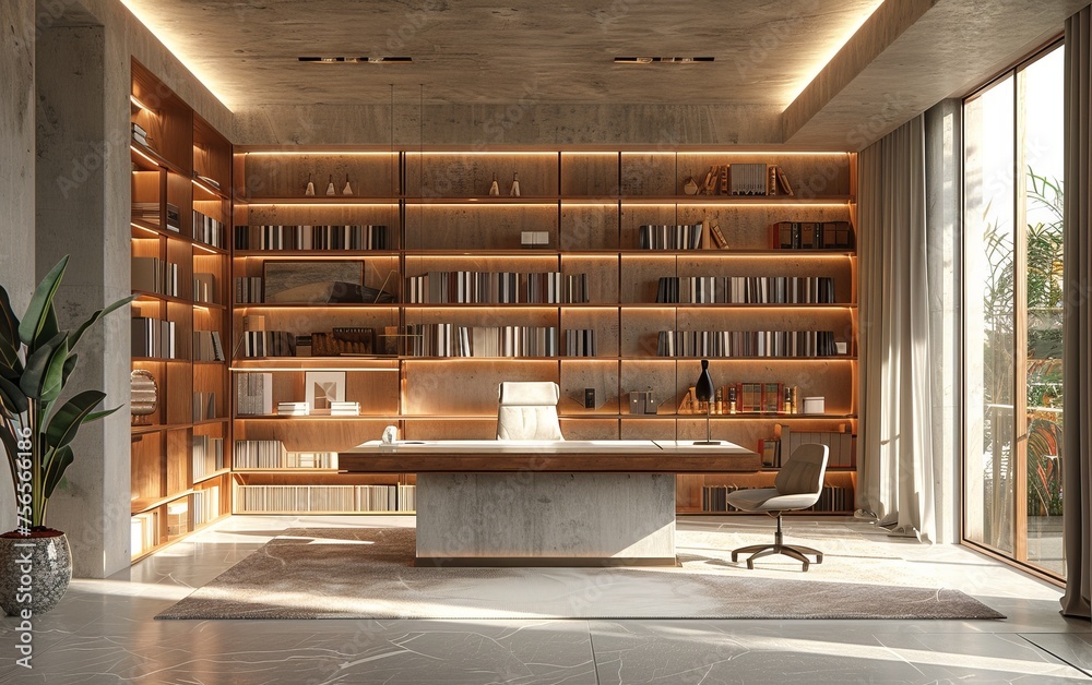 A large room with a desk and a bookshelf. The bookshelf is full of ...