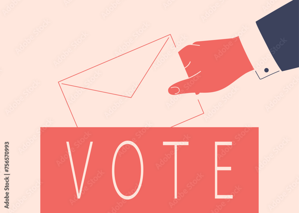 Human hand puts paper envelope into vote box. Male person arm in the ...