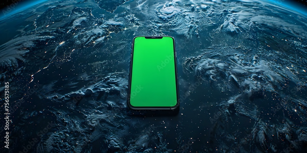 Highly detailed Earth from space with a smartphone showing a green ...