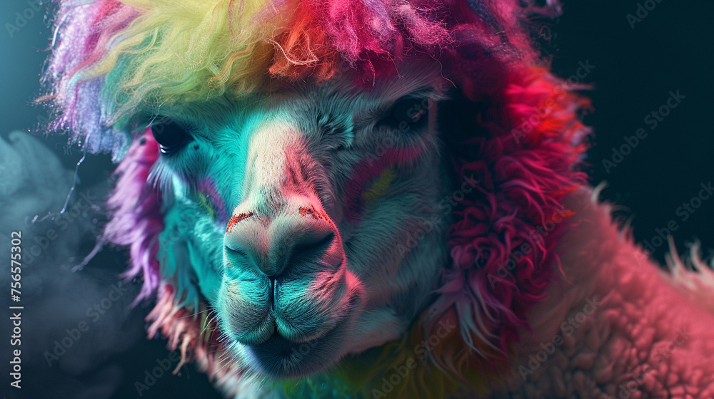 King of alpacas, clown on the head , skin make of rainbow , protrait ...