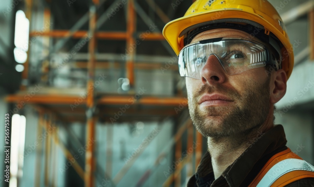 A construction engineer wearing a helmet and safety goggles, checking ...