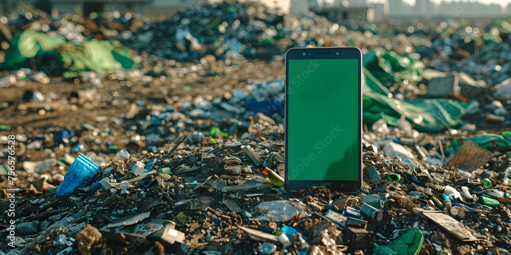 Smartphone with green screen against trash pile symbolizing ...