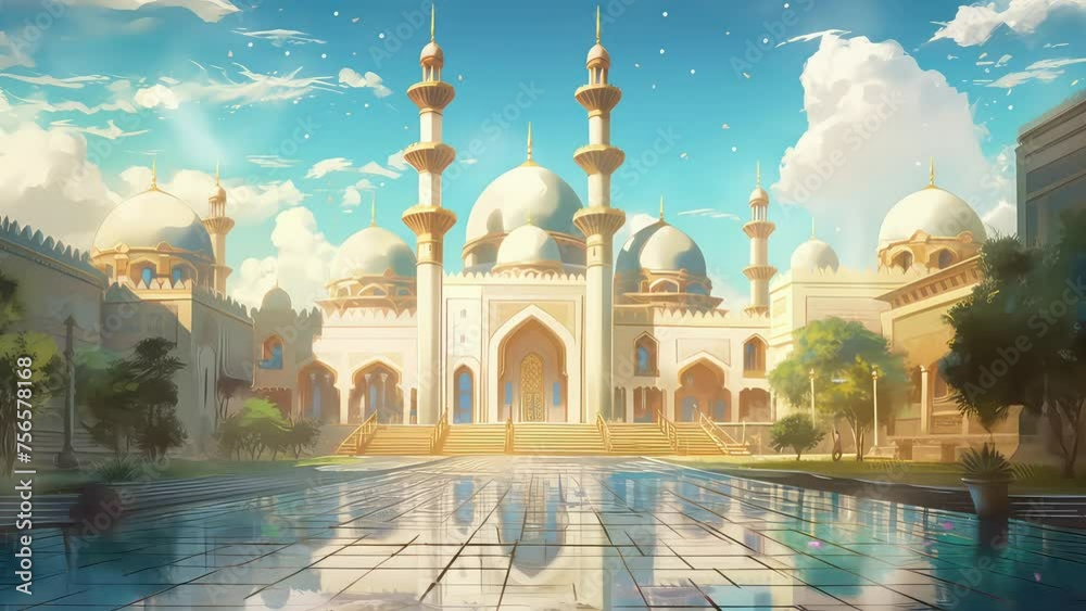 Animation magnificent mosque building cartoon style seamless 4k video ...