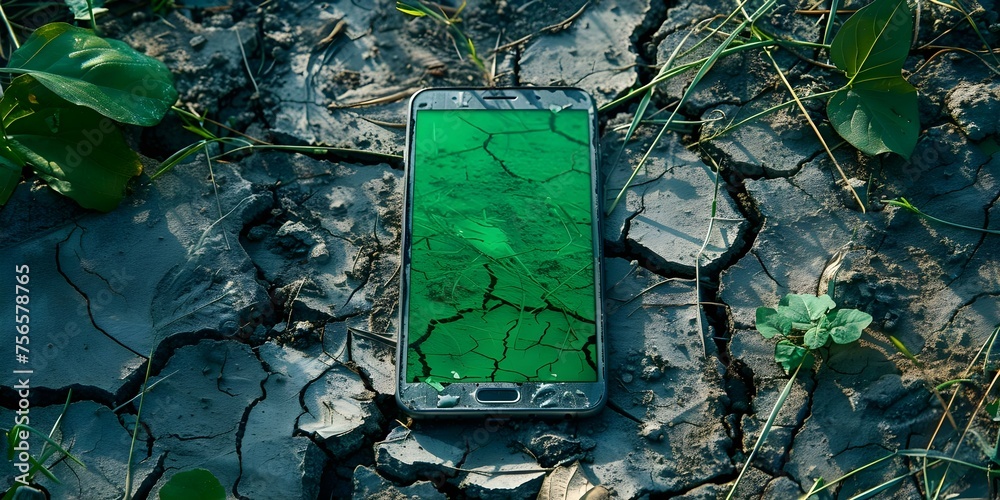 Smartphone with green screen on cracked ground symbolizing impact of ...