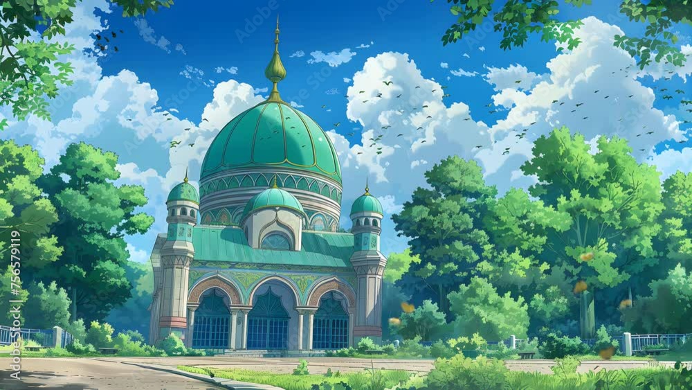 Anime-style depiction of a majestic mosque with a vibrant green dome ...