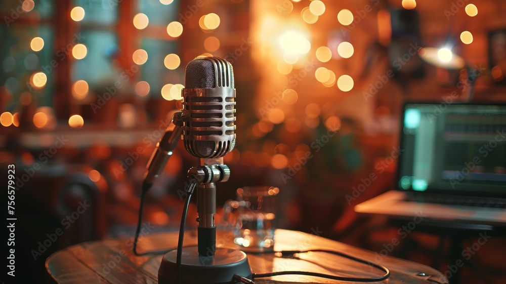 Vintage microphone set against a bokeh light backdrop evokes a classic ...