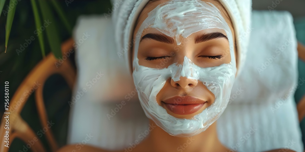 Woman enjoying a luxurious spa facial treatment with cleansing foam ...
