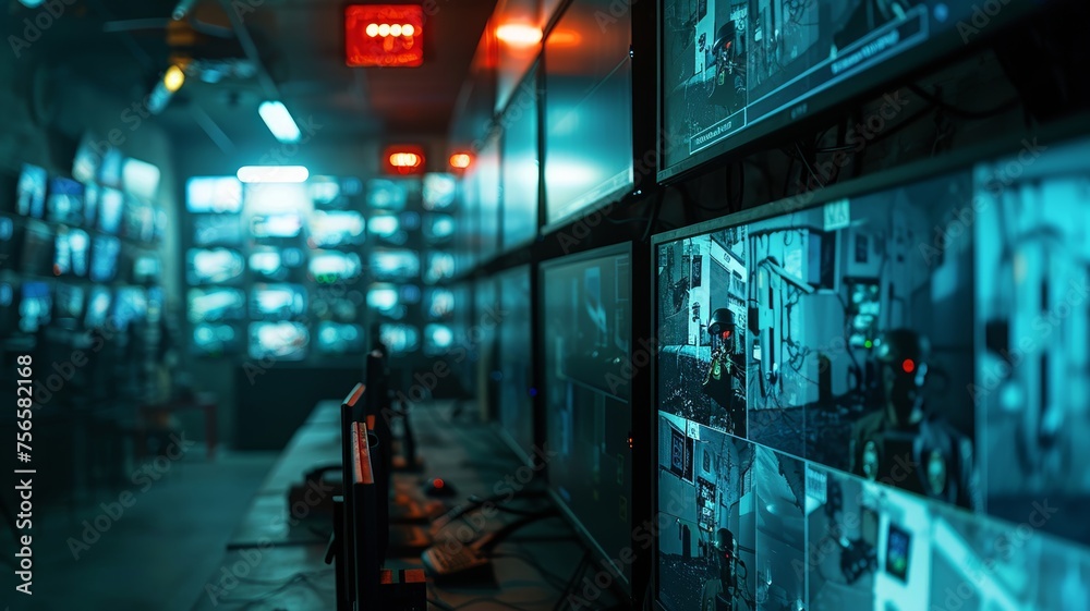 High-security monitoring room with an array of surveillance screens ...