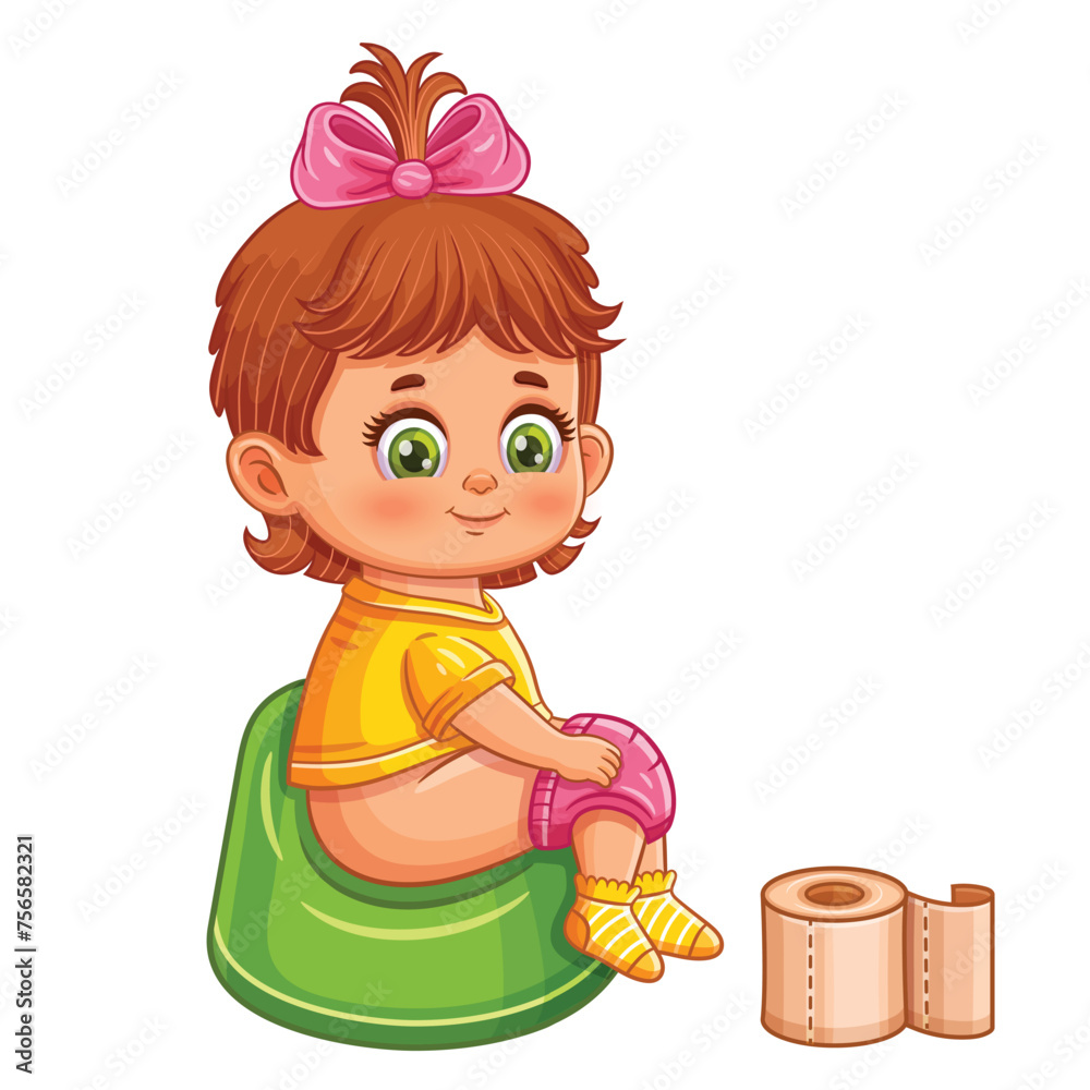 Cute baby child girl sitting on potty seat with toilet paper. Toddler ...