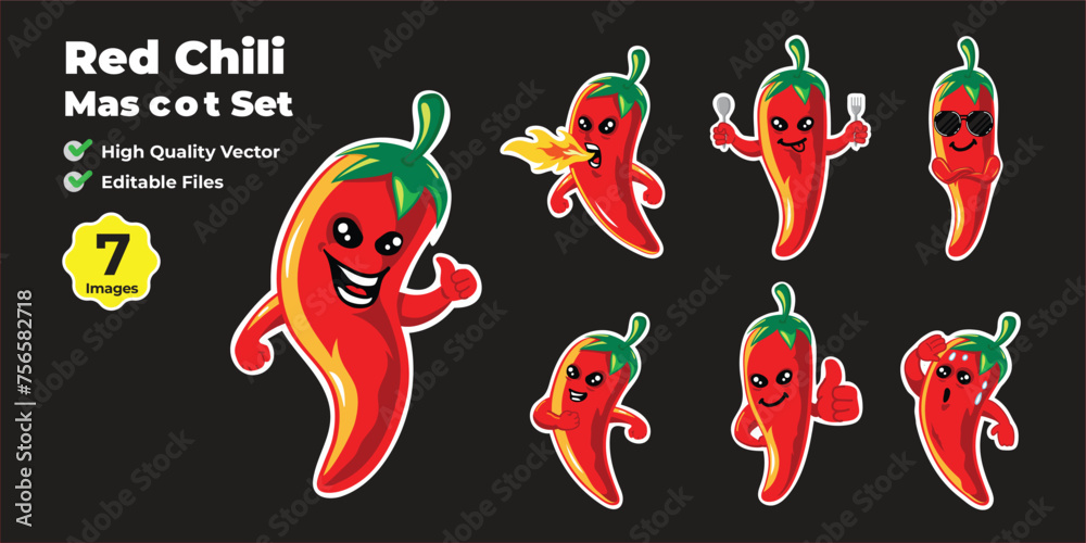 Set of Red Spicy Chilli Pepper Characters mascot with different ...