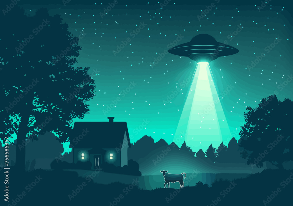 Flat vector illustration of an alien spaceship beaming up from the ...