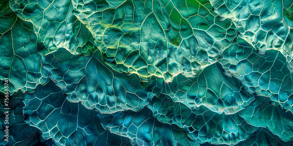 A macro shot reveals the intricate, vein-like patterns of a lush green ...