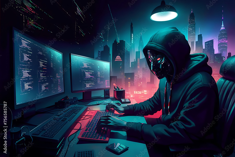 Digital Intrusion: Masked Hacker Surrounded by Code on Screens in ... Digital Intrusion: Masked Hacker Surrounded by Code on Screens in ...