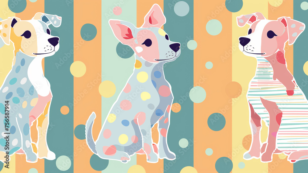 Abstract puppies in color blocks and polka dots, pastel coloring in a ...