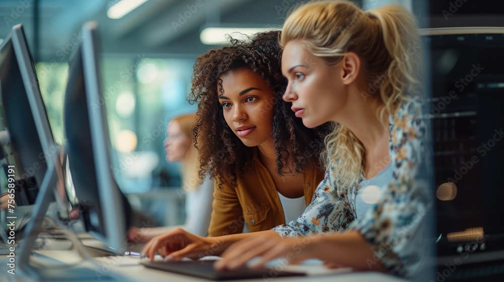 Focused Colleagues Collaborating at Workstation, Two female ...