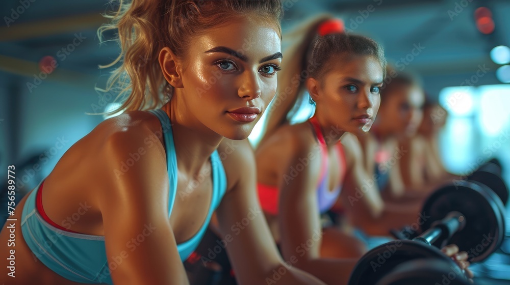 Determined Women Lifting Weights in Gym, Focused young women engage in ...