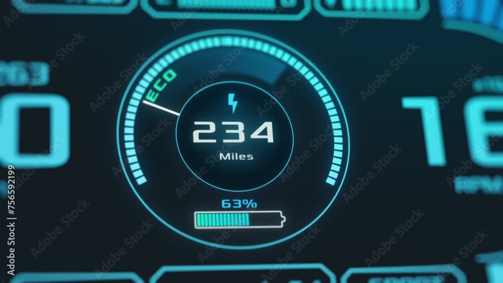 Electric or hybrid car dashboard display, futuristic hud, charging ...
