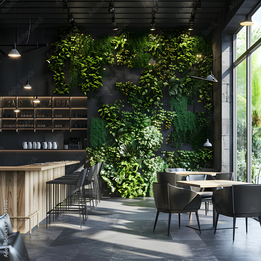 Modern cafe or restaurant with living green wall, biophilic design, and ...