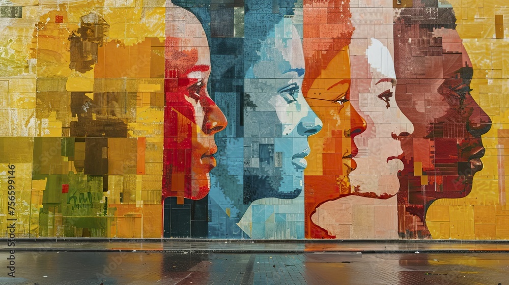 A conceptual scene of a mural depicting iconic human rights activists ...